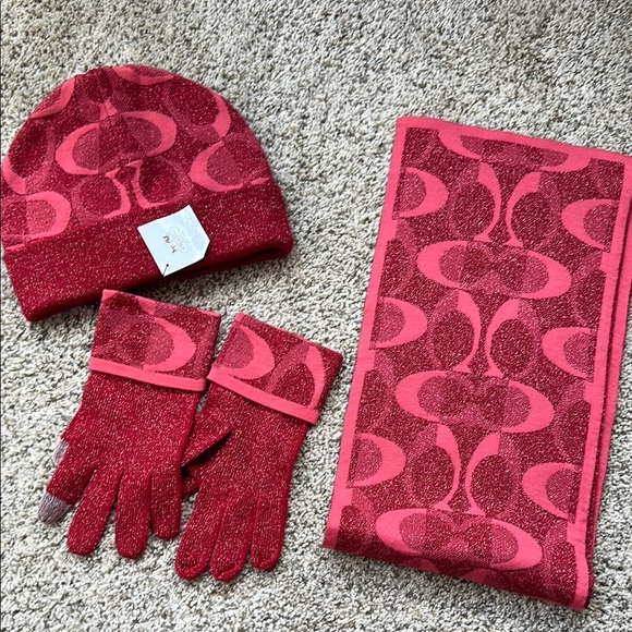 Coach | Accessories | Coach Womens Red Sparkly C Patterned Hat Scarf ...